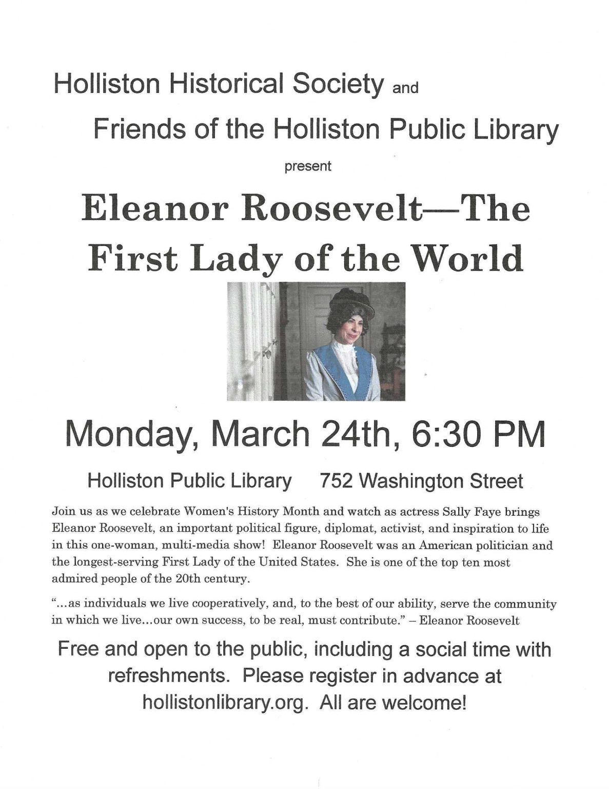 Eleanor Roosevelt – The First Lady of the World – Holliston Reporter